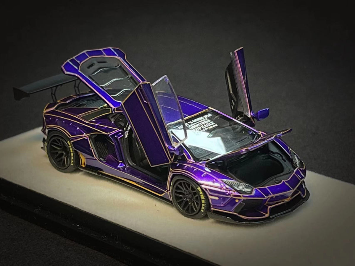 PGM 1/64 LP700 Tron Purple Diecast Fully Opened with rectangular woode ...