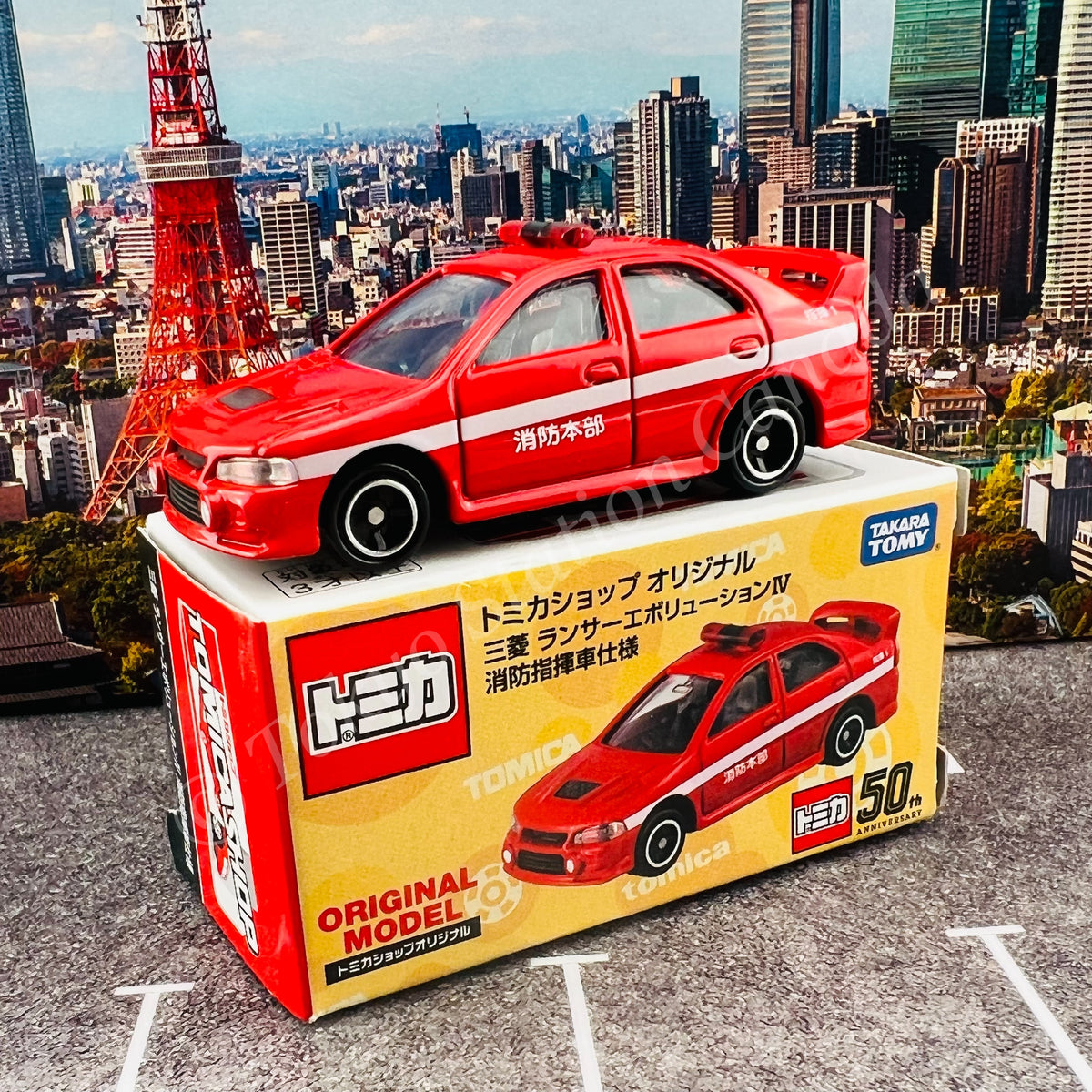 TOMICA SHOP ORIGINAL MODEL Mitsubishi Lancer Evolution IV Fire Chief C ...